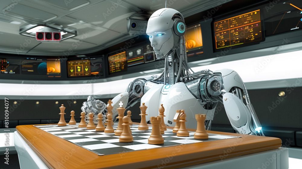 A futuristic cybernetic robot using advanced AI to simulate chess moves ...