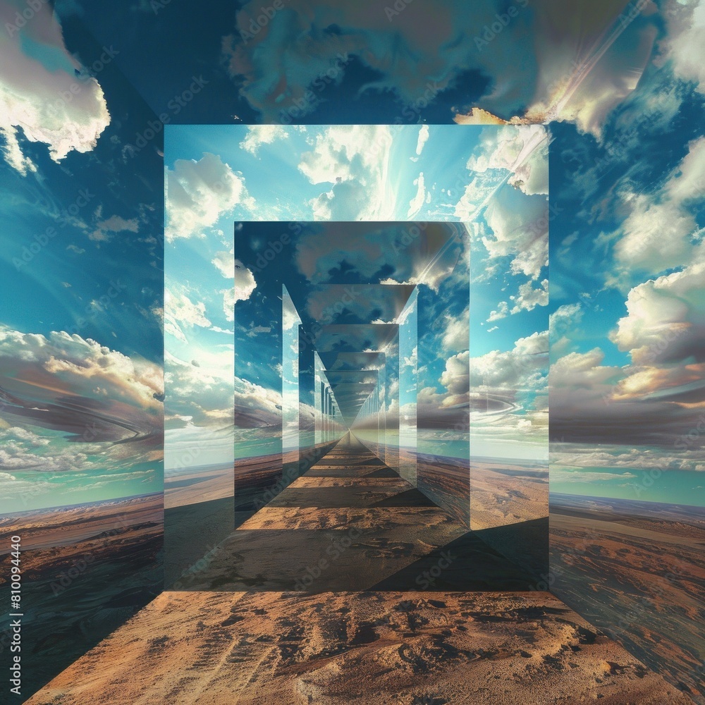 a surrealistic series of geometric frames extending into a desert under ...