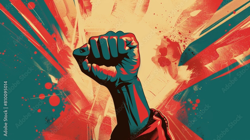 A hand with a fist raised in the air with a splash of red and blue. The ...