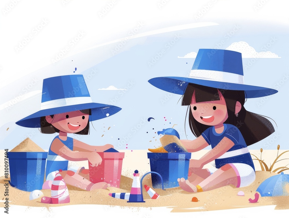 Two animated little girls smiling joyfully at the camera as they play ...