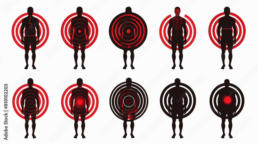 Pain circle. Red body hurt points, headache, muscle and joint pain spot ...