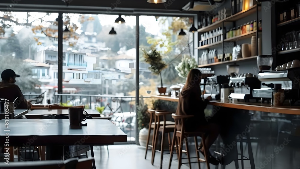 Cafe au lait served in cozy coffee shop with city views. Concept Cozy ...