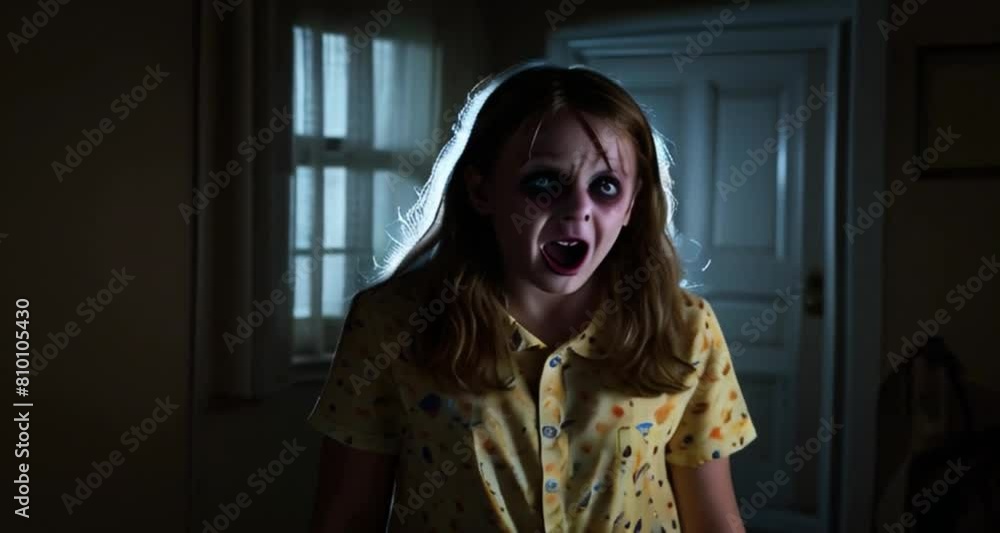 A little girl possessed by a ghost, a female child with ghostly makeup ...