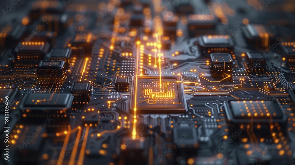 3D depiction of a digital landscape with circuit paths leading to a ...