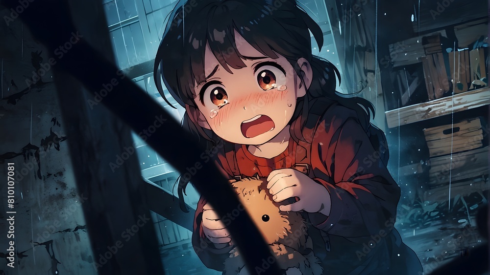 Little cute girl kidnapped with her toy, dark rainy night, distant full ...