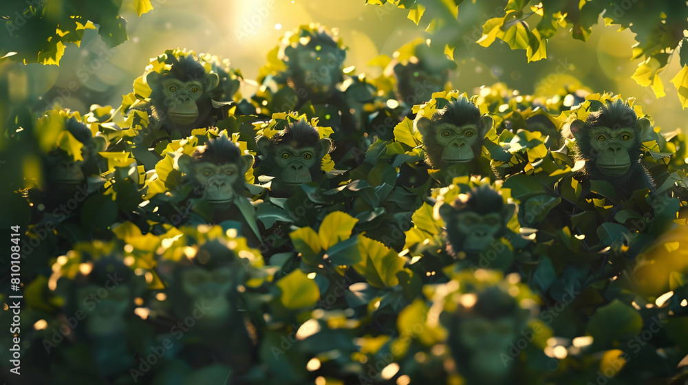 Ultra HD image of a hedge shaped into a series of playful monkeys ...