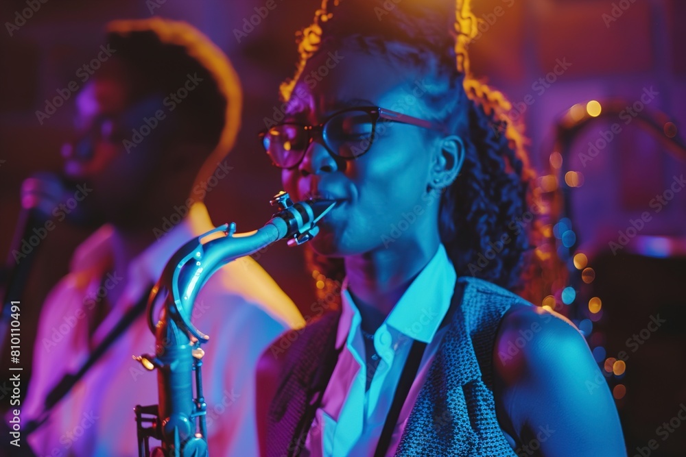 Female singer and saxophonist performing at the jazz Stock Photo ...