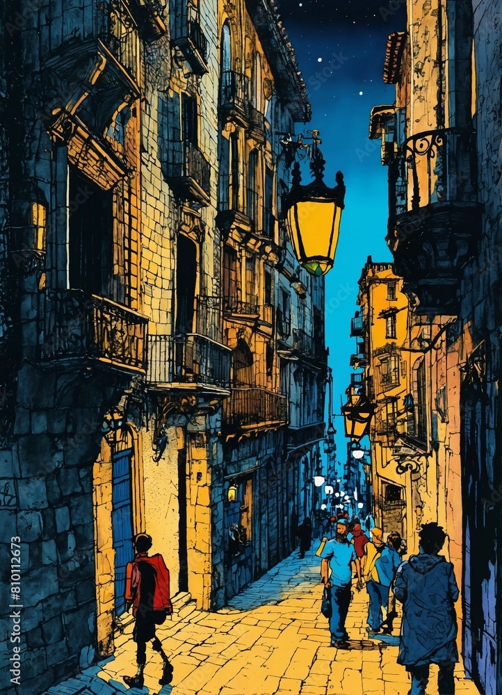 Detailed pen and ink illustration of a Gothic Quarter in Barcelona, in ...