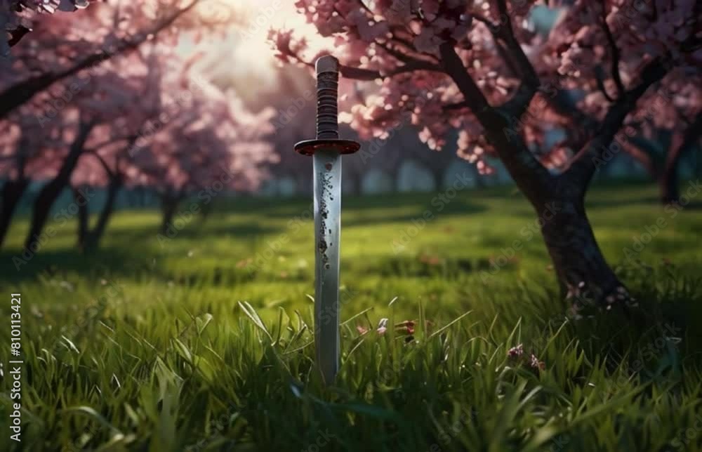 Samurai sword in the park, martial artist sword in autumn park ...