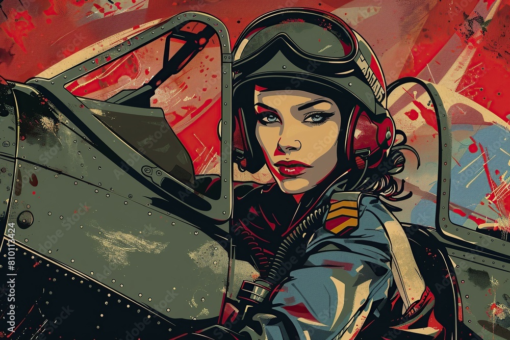 Female Military Pilot Operating Aircraft.Art Pop Stock Illustration ...
