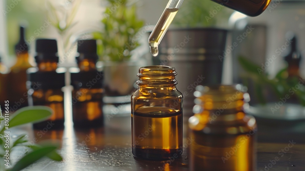Dropper adding essential oil small brown bottle blurred background ...