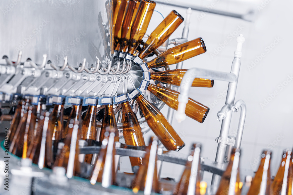 Process pasteurization of bottles on conveyor machinery of brewery ...