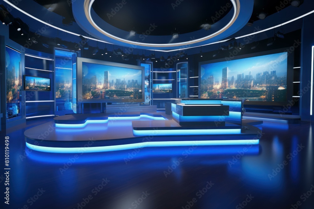 Empty news studio with large screens displaying a cityscape ...