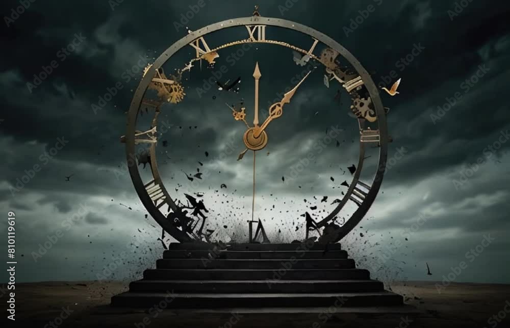 Vidéo Stock A huge broken clock, a time machine with dark cloudy ...