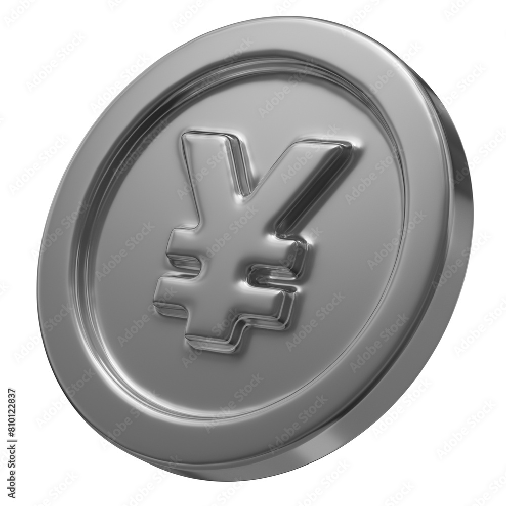 JPY. Japanese yen sign on silver coin isolated on a transparent ...