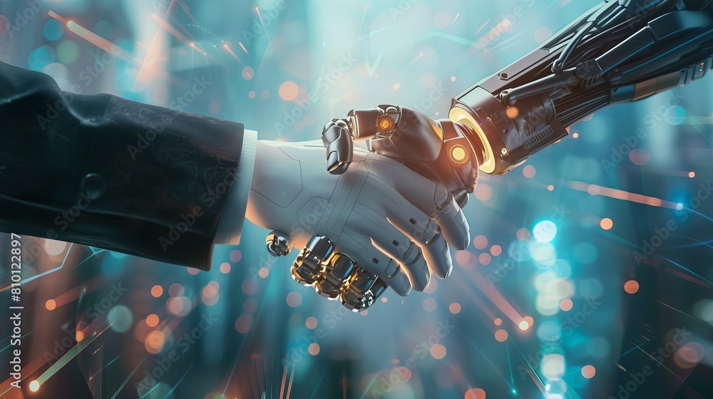 Businessperson engaging in a handshake with a digital partner against a ...