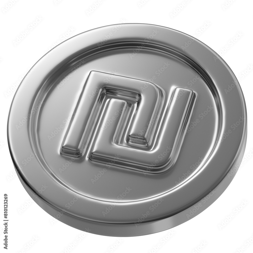 ILS. Israeli shekel sign on silver coin isolated on a transparent ...