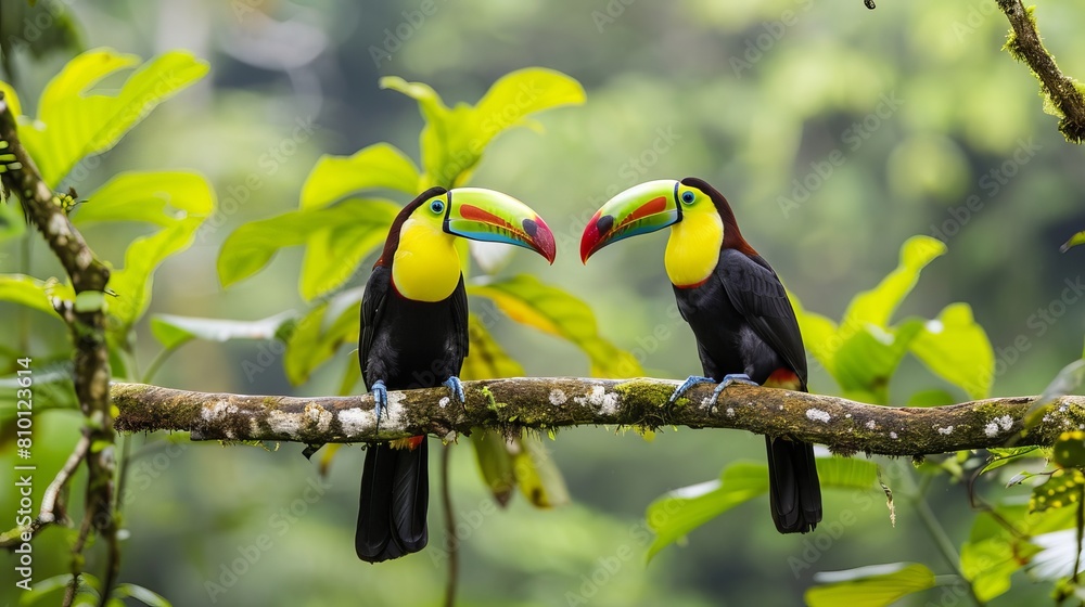 Two Keel-billed Toucans, known for their large beaks, are perched on a ...