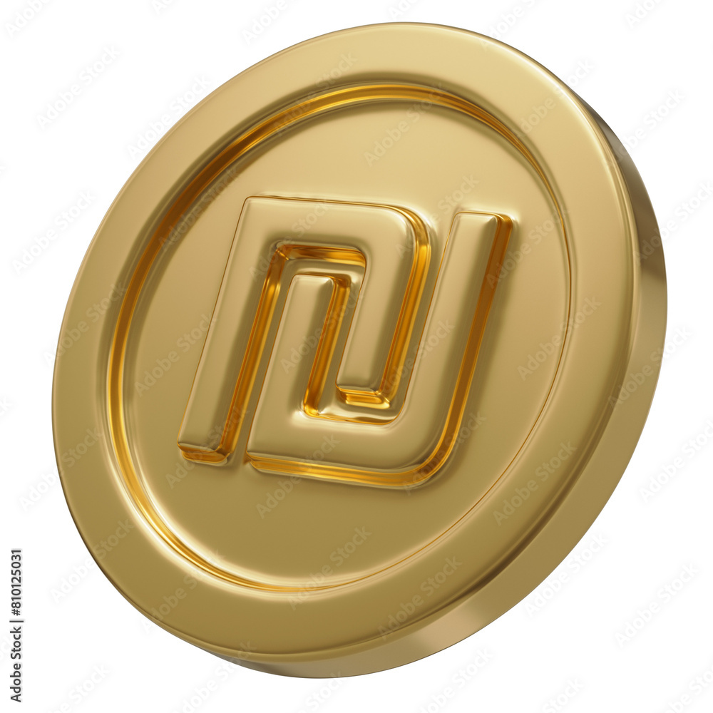ILS. Israeli new shekel sign on golden coin isolated on a transparent ...