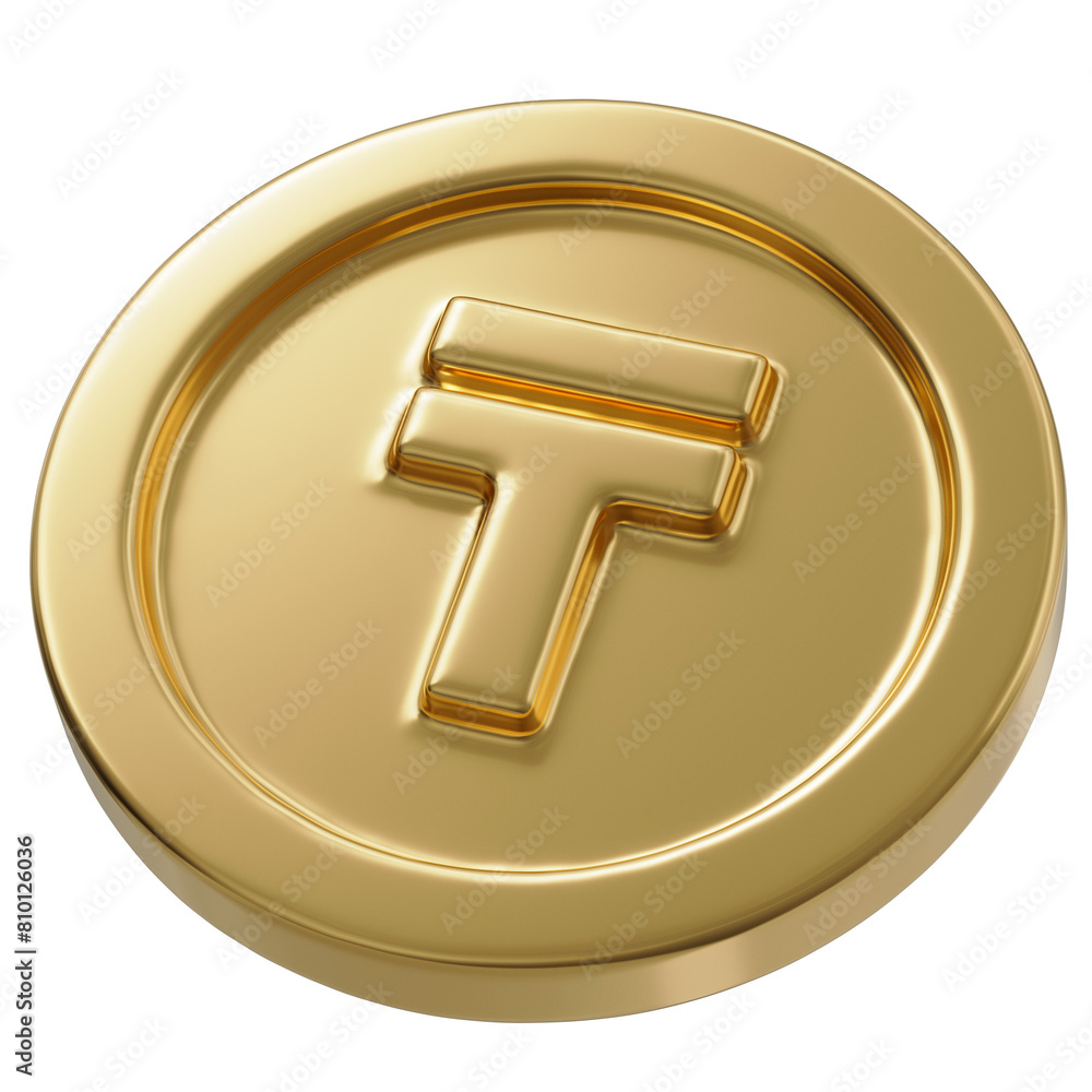 KZT. Kazakhstani tenge sign on golden coin isolated on a transparent ...