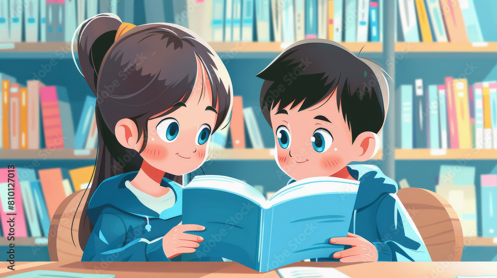 Two animated children are happily reading a book together in a library ...
