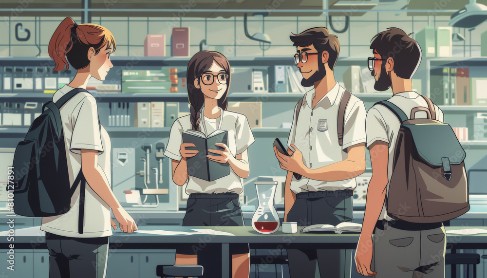 Four animated students are engaging in a discussion in a well-equipped ...