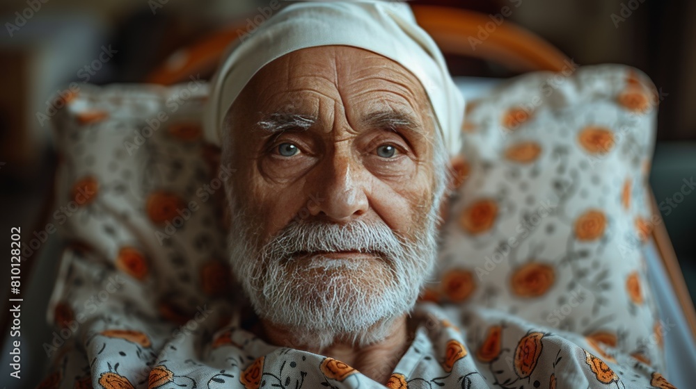 old man patient after chemotherapy, a old man fighting cancer, a white ...