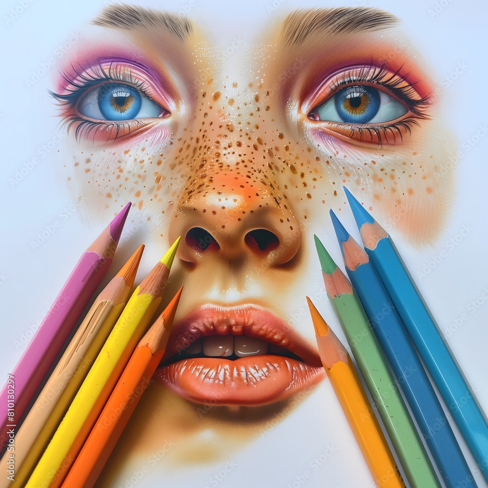 An intricately detailed drawing of a womans face is seamlessly ...