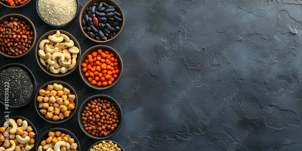 vertical view of an assortment of fruits and dried fruit on a worktop ...