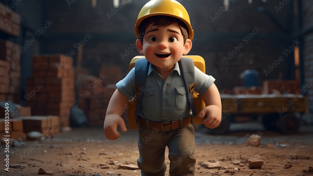 A poor sad boy with tears in eyes, wearing yellow helmet, carrying ...