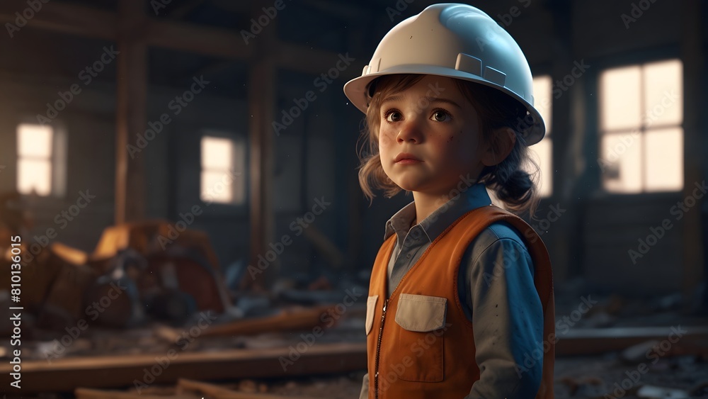 Poor little girl forcefully working at construction site with sad face ...