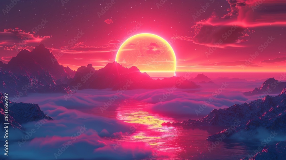 Render by 3ds Max. A fantasy landscape under the sunset sky with ...