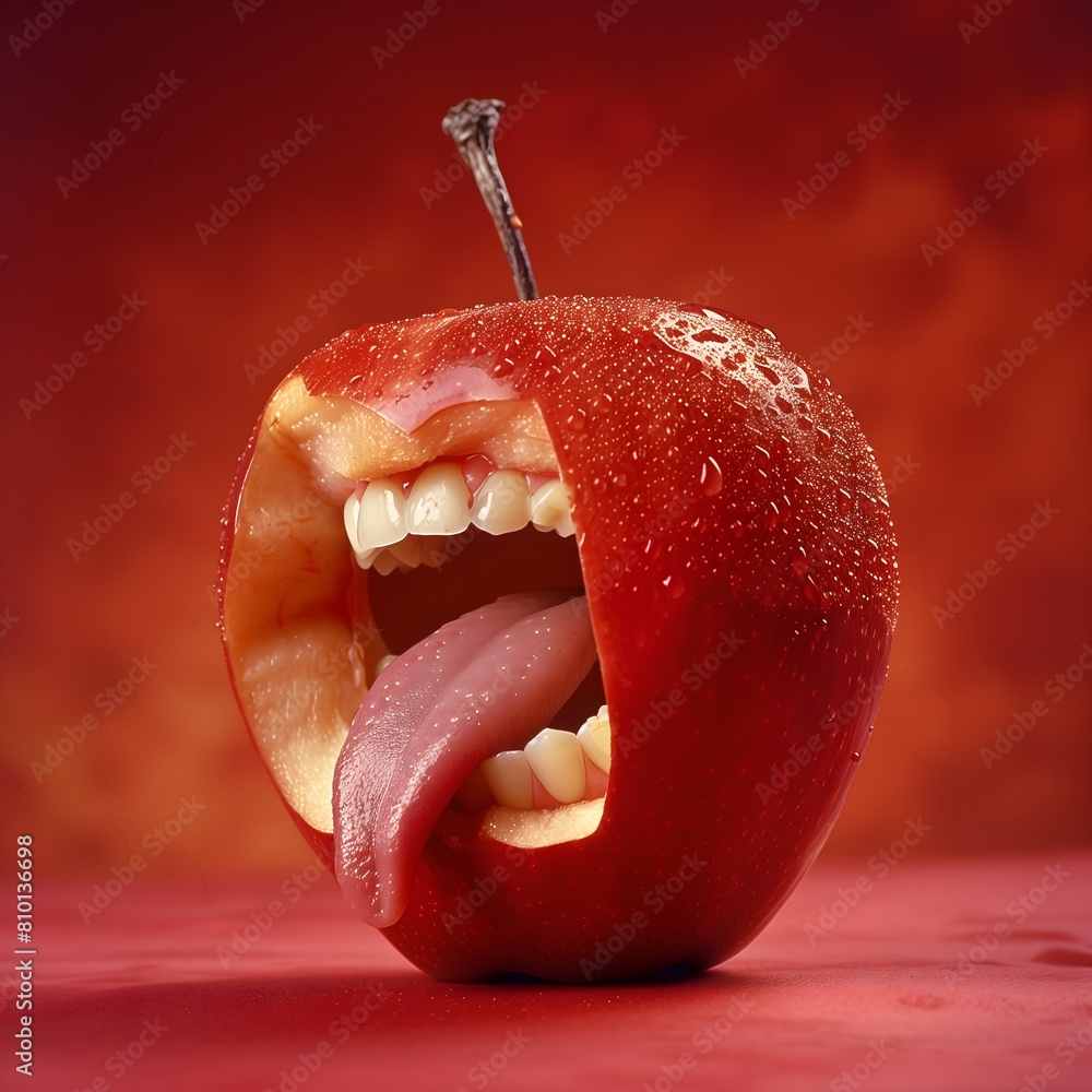 A red apple with a screaming face with its tongue and teeth sticking ...