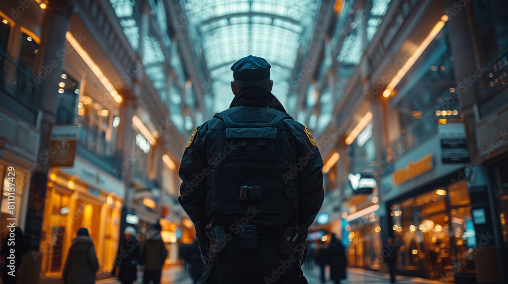 Concept of a security guard standing guard in a shopping mall. Concept ...