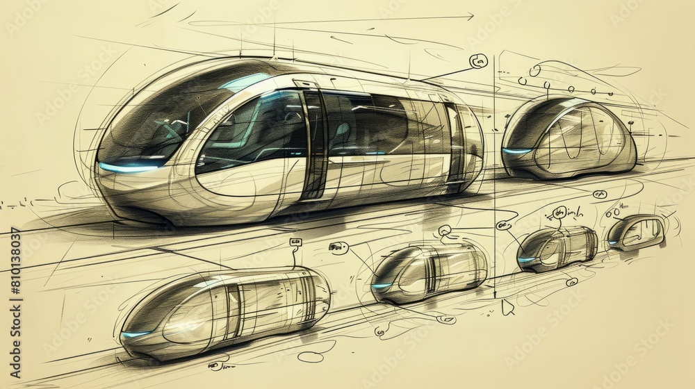 A drawing of a futuristic train with a series of small cars attached to ...