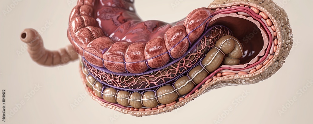Detailed 3D illustration of a human stomach, showing its anatomical ...