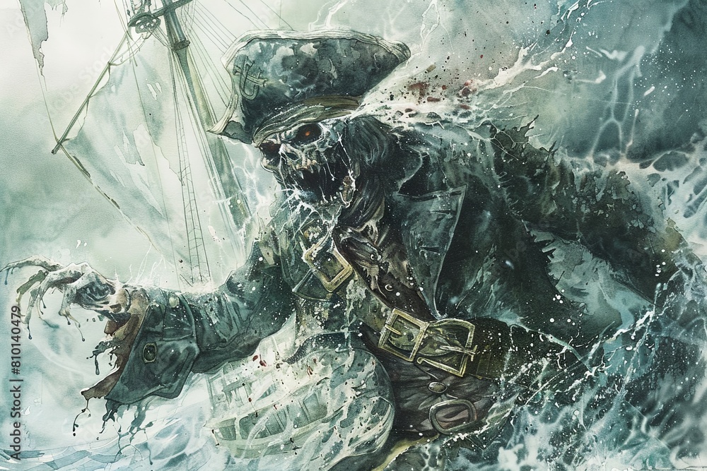 Fierce pirate in stormy sea battle scene - A dynamic watercolor ...