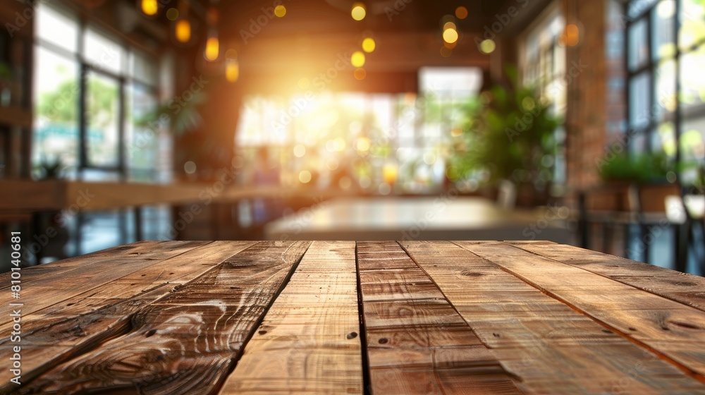 Wooden empty table in front, blurred cafe background. Bar counter key ...
