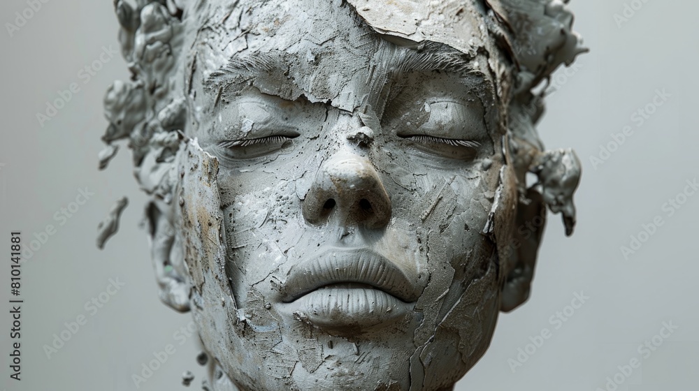 A woman's face is made of concrete and has a sad expression. The face ...