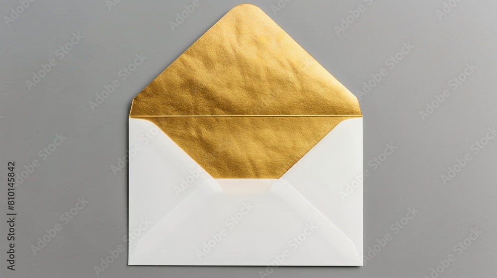 An envelope with gold foil on it, with the top open placed against a ...