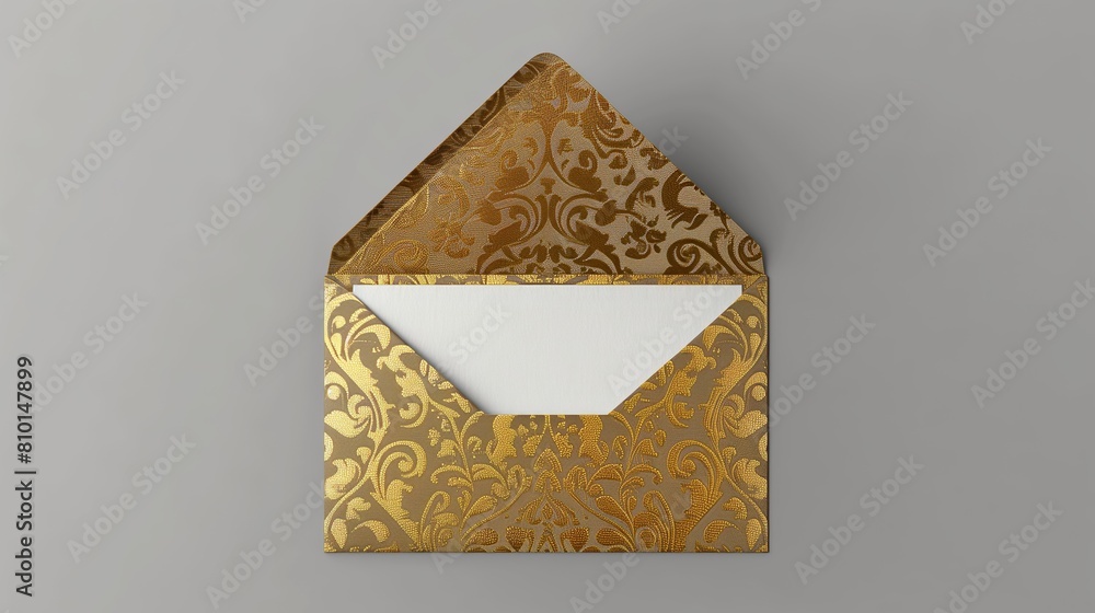 An envelope with gold foil on it, with the top open placed against a ...