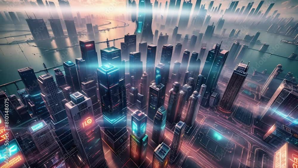 Futuristic urban animation of cyberpunk cityscape with high skyscrapers ...