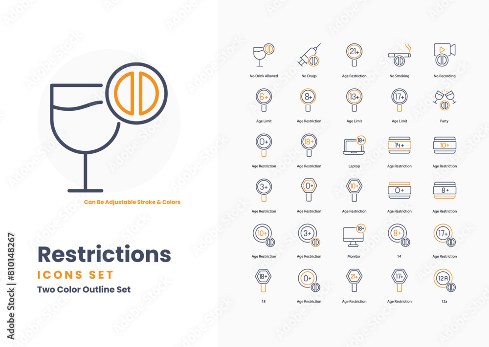 Restrictions icons, age icon concept editable stroke outline icons set ...