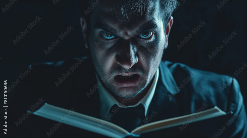 Man deeply engrossed in reading a book, illuminated by a dim light, his ...
