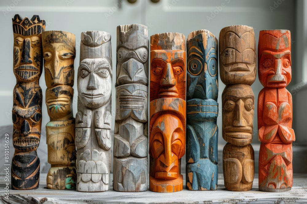 Artistic photo of a series of small timber totems lined up, each ...