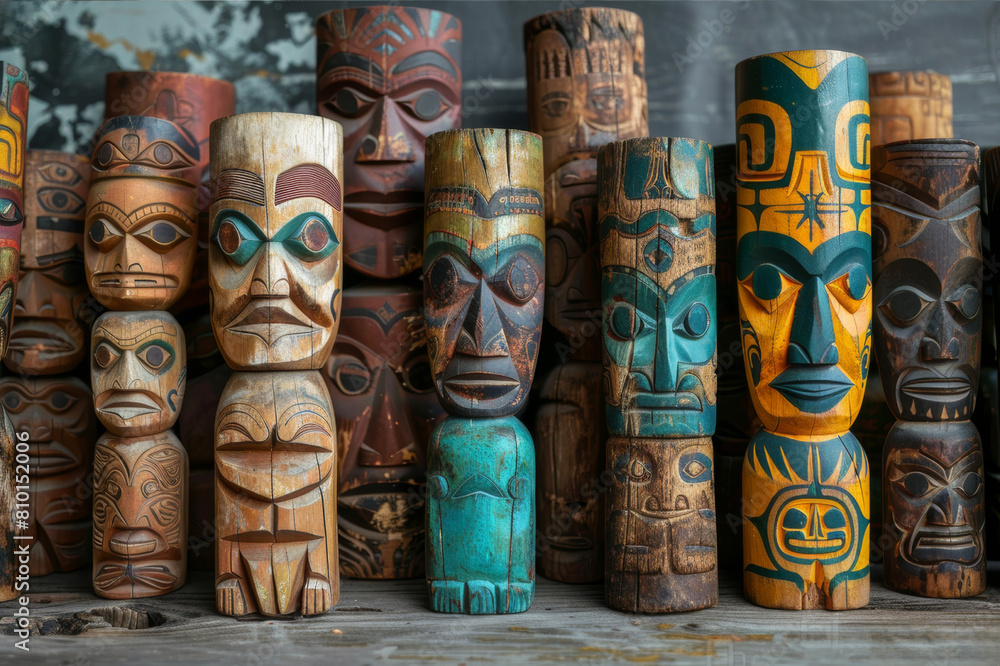 Artistic photo of a series of small timber totems lined up, each ...