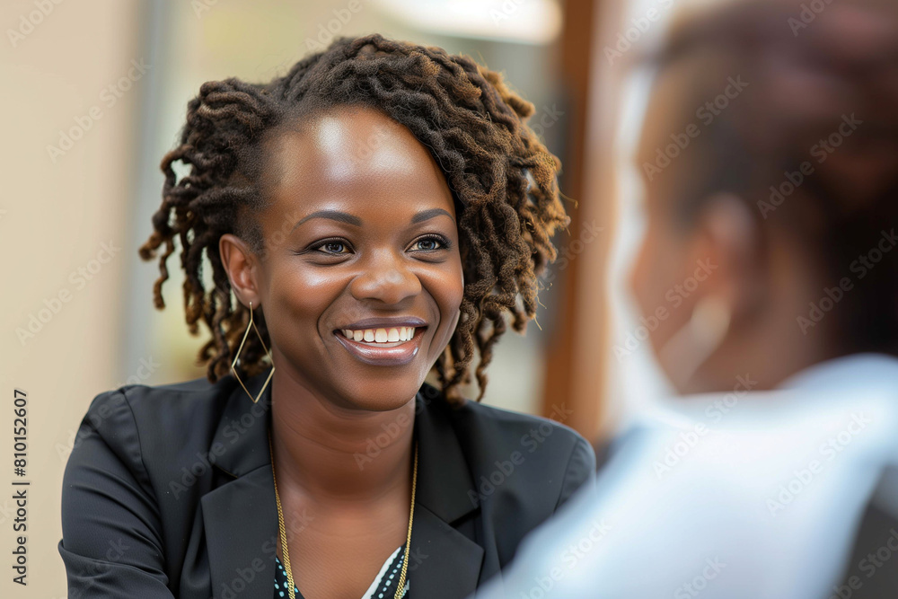 A smiling manager conducts a job interview in the office, asking ...