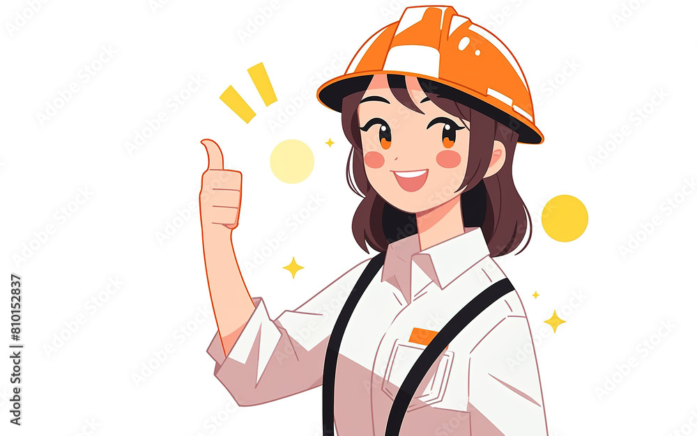 cute happy smiling anime girl engineer in orange safety helmet show ...