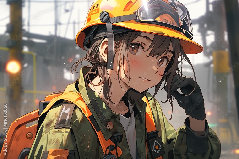 cute anime girl worker in uniform and yellow safety helmet in ...