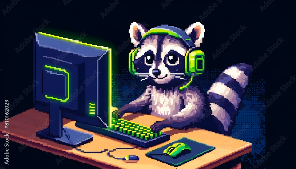 Pixel Art of a Raccoon Gamer at Computer Desk Wearing Bright Green and ...